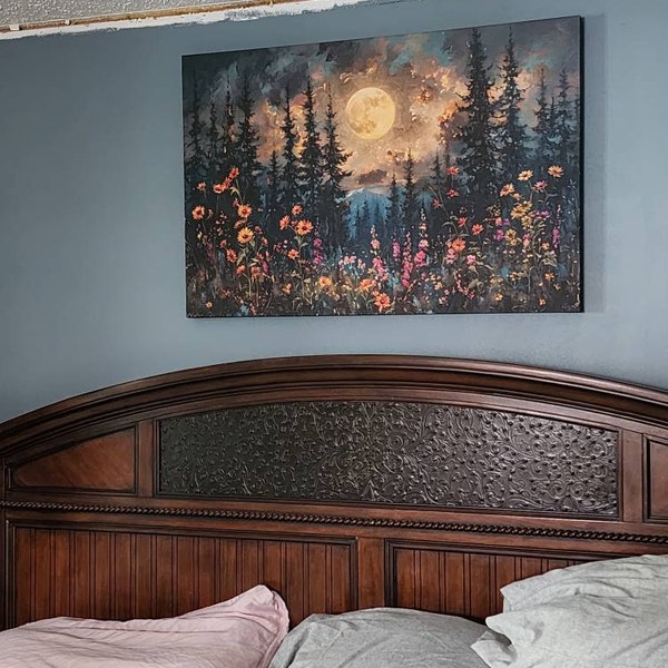 Full Moon Pine Tree Forest Canvas Painting, Moonlit Forest Canvas ...