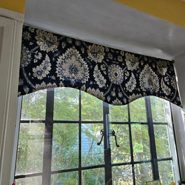 EXTRA Wide Scalloped Valance Navy Blue Floral up to 109" Sliding Door ...