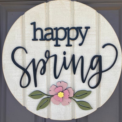 Happy Spring Door Hanger With Blush Pink Flower, Rustic Shiplap Front ...