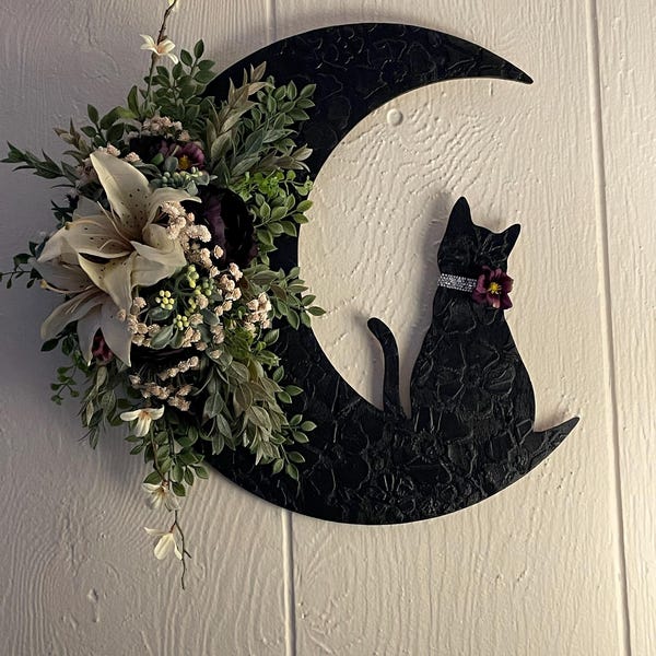 Winter Crescent Moon Christmas Cat Poinsettia Wreath Witchy Seasonal ...