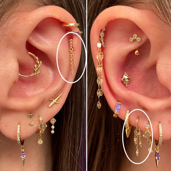 14K Solid Gold Triple Chain Attachment, Double Chain Piercing, Loop ...