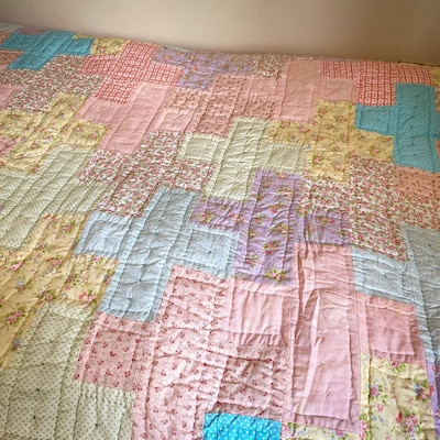 Large Double Patchwork Quilt, Using Blues and Creams.hand Quilted - Etsy