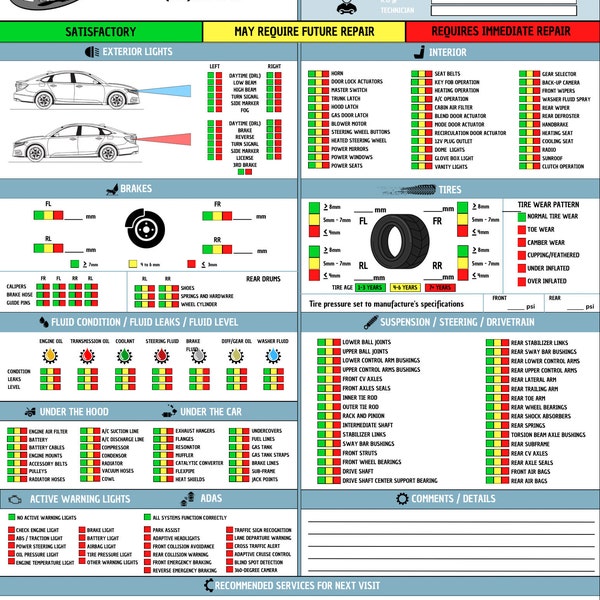 Vehicle Inspection Sheet, Basic Vehicle Inspection Form, Multi-point ...