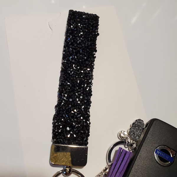 Silver Black Rhinestone Crystal Wristlet, Bling Keychain Bracelet ...