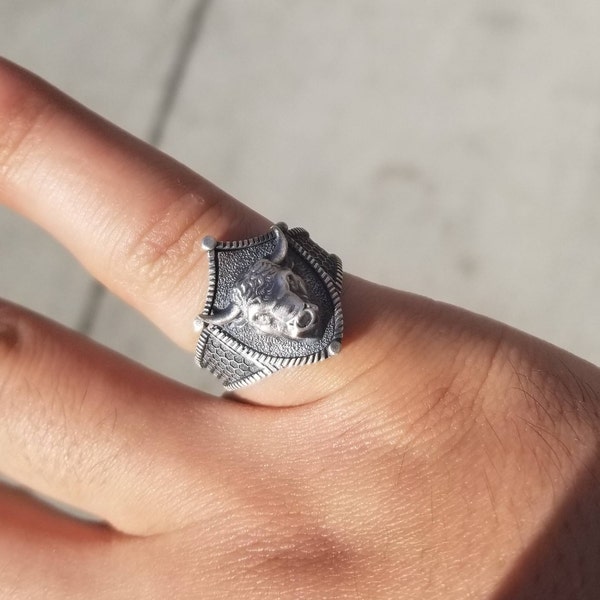 Bull Head Mens Ring, Silver Bull Ring, Silver Shield Mens Ring ...