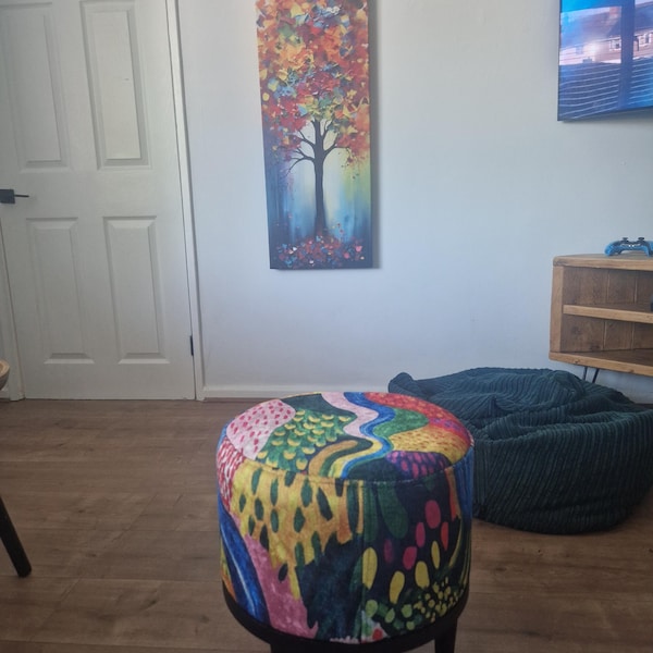 Colorful Round Pouf, Vanity Footstool, Wood Work Pouf, Artwork Pouf ...