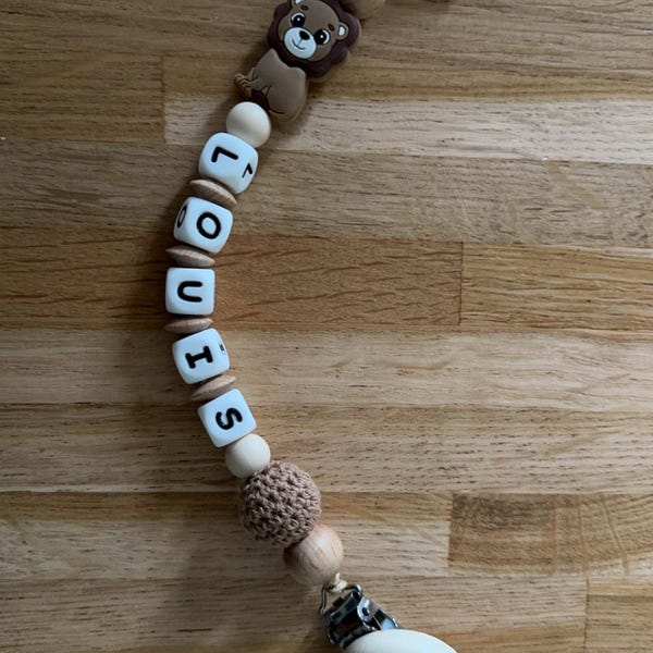 Personalized Silicone Pacifier Clip LION - Light Brown Beige Wood - Boy ...