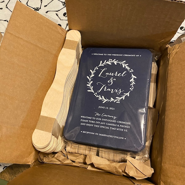 Navy Blue Wedding Program Fans Wooden Sticks Included - Navy Blue ...