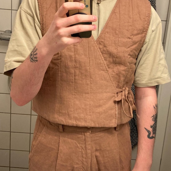 Quilted Linen Vest, Padded Linen Vest for Women, Reversible Wrap Linen ...