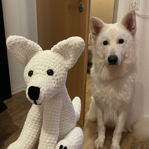 Sitting Plush Dog in Beige, Head and Hind Legs Movable, Crocheted From ...