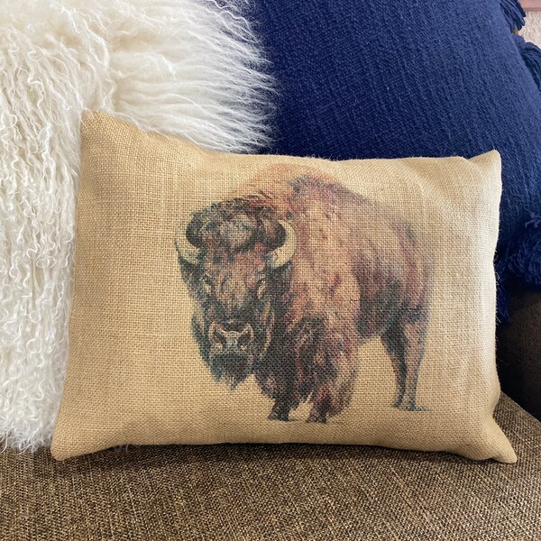 Bison Burlap Pillow, Buffalo, Southwest Decor, Shabby Chic, Lodge ...
