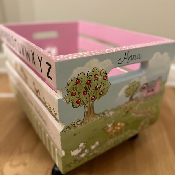 Toy Box Crate, Girls Book Box Crate, Pull Toy Crate Box, Hand Painted ...
