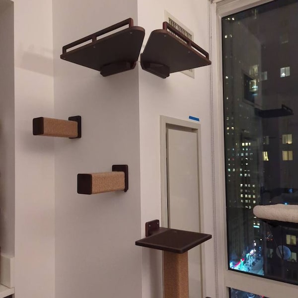 Corner Cat Shelf With Pillow From Solid Wood, Corner Cat Bed and Steps ...