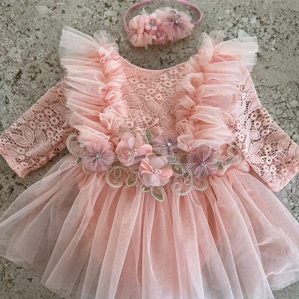 Baby Girl Photo Prop Outfit in Peach Color With Headband, First ...
