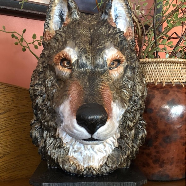 Carved Wolf Head Sculpture - Wooden Newel Post Finial, Nordic Style ...