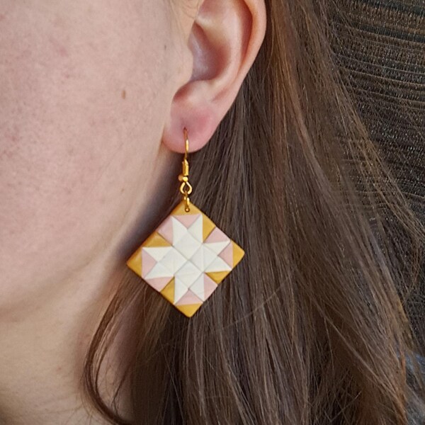 Quilt Earrings / Sawtooth Star Quilt Block Dangle Earrings / Quilt-lover Earrings / Lightweight ...