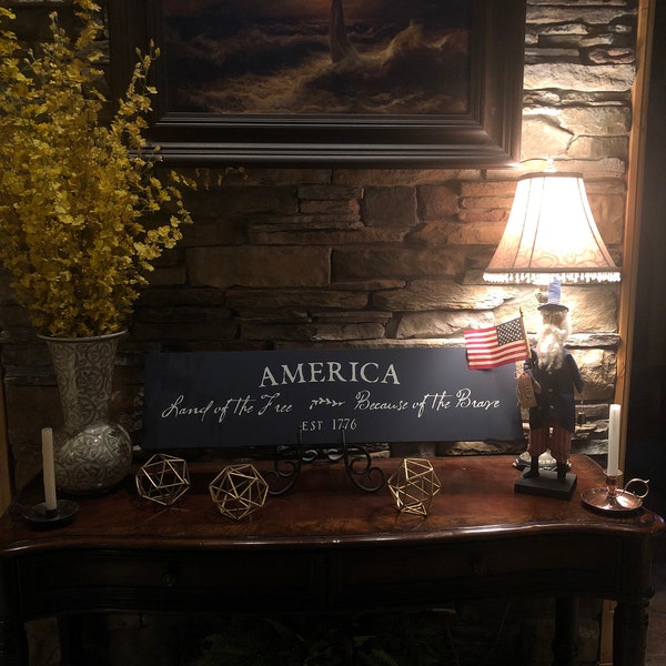 America Sign | Wood Sign | Land of the Free | Because of the Brave ...