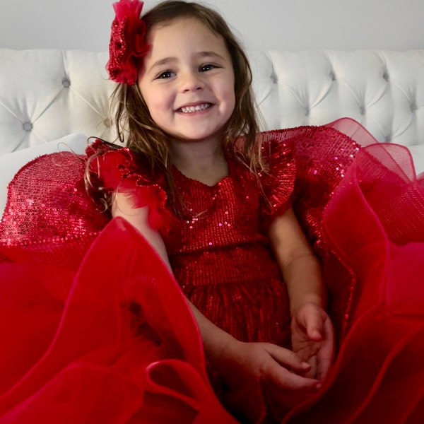 Cameron Dress Red. Red Fluffy Baby Girl Dress, Knee Length Red Toddler ...