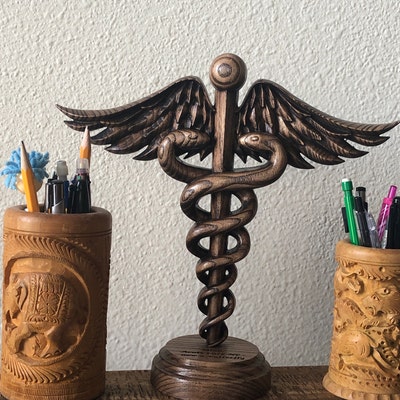 Caduceus Sculpture, 12 Medical Symbol Statue, Hand Carved Handmade ...