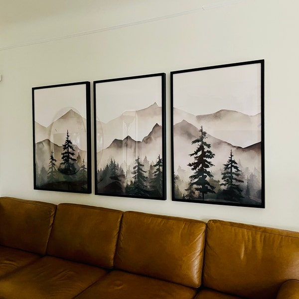 Lakelzdecor Neutral Watercolor Forest Decor, Set of 3, Rustic Landscape ...