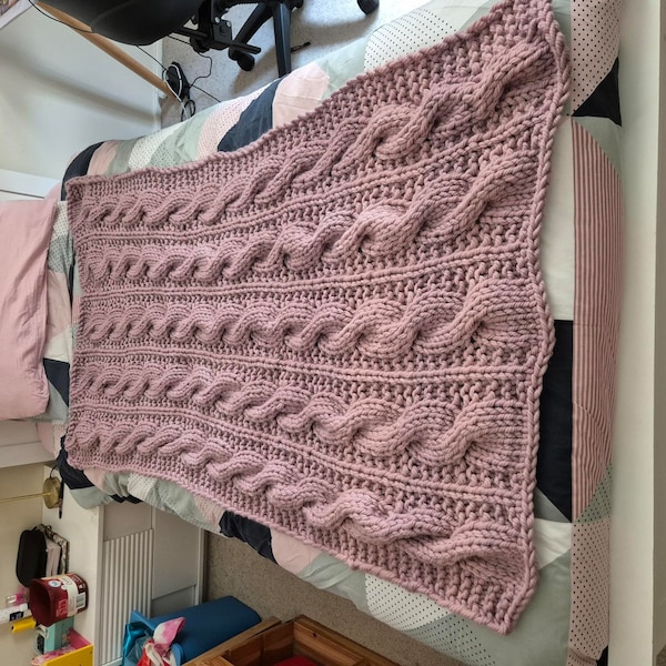 Knitting Pattern, Chunky Knit Cable Throw Blanket, Super Bulky Yarn ...