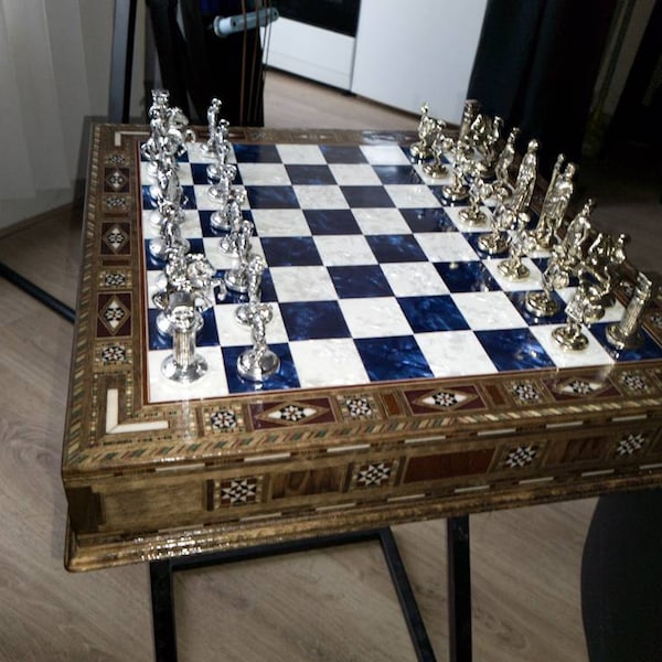 Hand Painted Chess Pieces in Roman Style Blue Chess Board With Storage ...