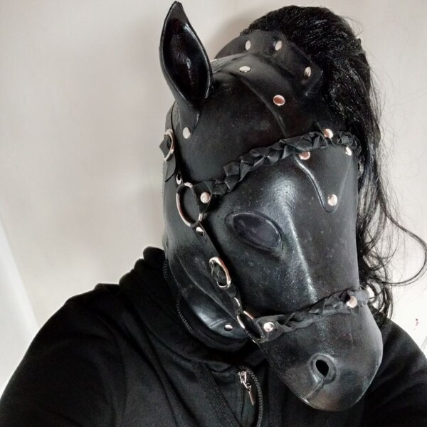 Pony Play Latex Mask, Black Horse Hood, Fetish Handmade, Animal Costume ...