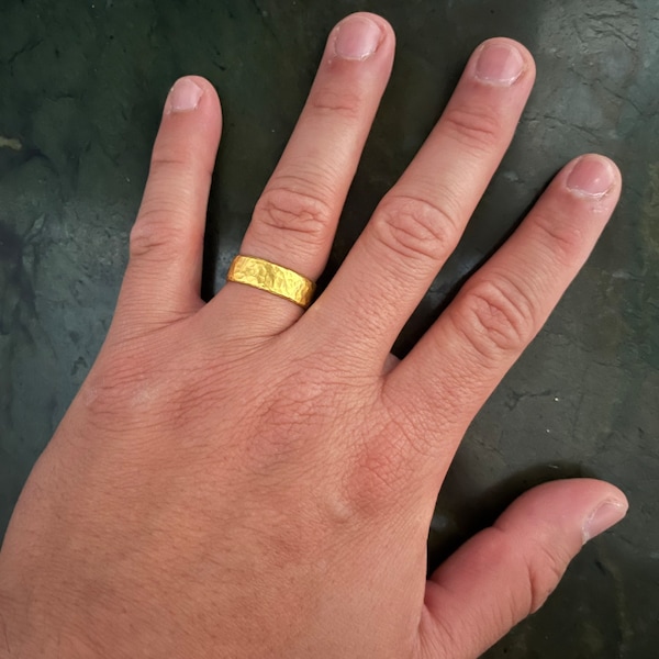 24k Gold Ring - 6mm Wide Band - Hand Forged Hammered Ring - Rustic ...