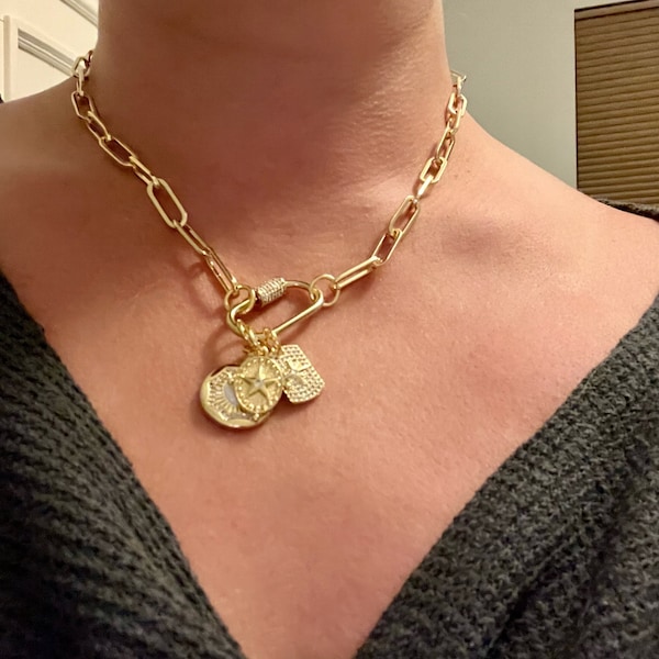 Gold Open Link Chain Mixed Charms Necklace - Etsy