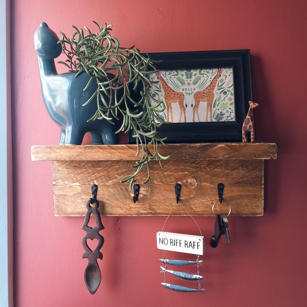 Rustic Wooden Wall-mounted Key Holder Shelf With 4 Hooks Entryway ...