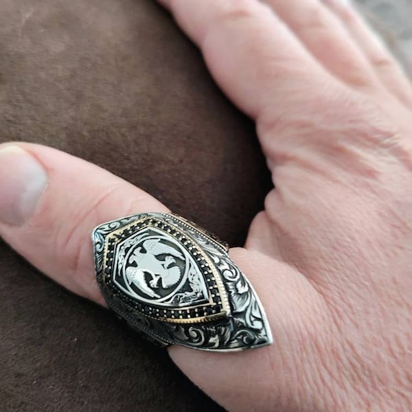 Zihgir Double Headed Eagle Archer Ring, Handmade Archer Thumb Men Ring ...