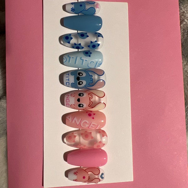 Cute Cartoon Stitch & Angel Press on Nails || Handmade, Reusable, Fake ...