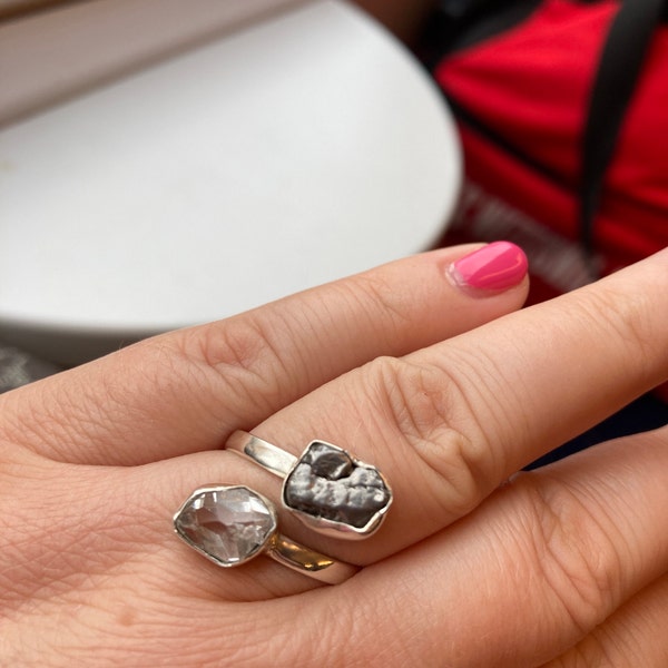 Raw Meteorite Ring, Herkimer Diamond Ring, 925 Sterling Silver ...