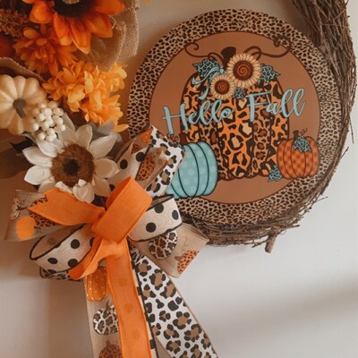 Hello Fall Leopard Animal Print Pumpkin Sign Wreath Accent - Etsy