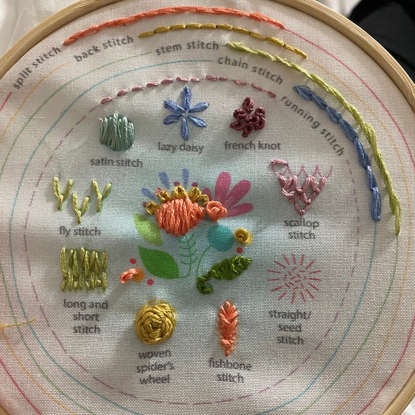 Stitch Sampler Full Kit Beginner Hand Embroidery Design, Printed Hand ...