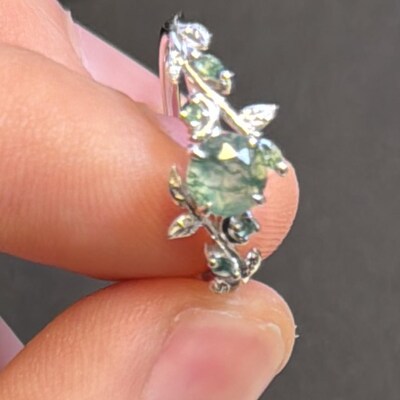 Vintage Oval Cut Moss Agate Engagement Ring Art Deco Leaf Promise Ring ...
