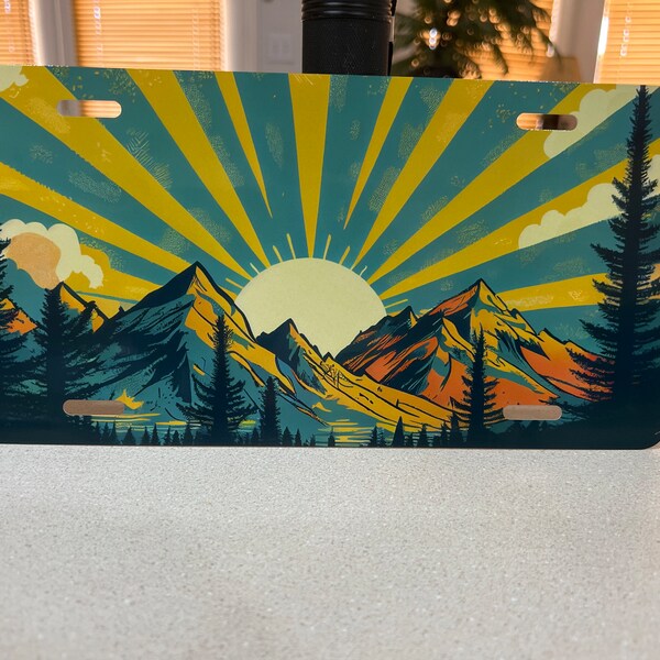 Vintage Retro Adventure Mountain Sunrise License Plate Novelty Tag ...