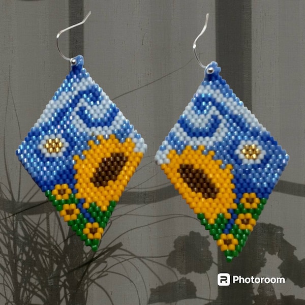 Sunflower Starry Night Brick Stitch Pattern, Van Gogh Earring Pattern ...