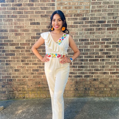 Mexican Ruffle Top Mexican Jumpsuit. Floral Hand Embroidered Jumpsuit ...