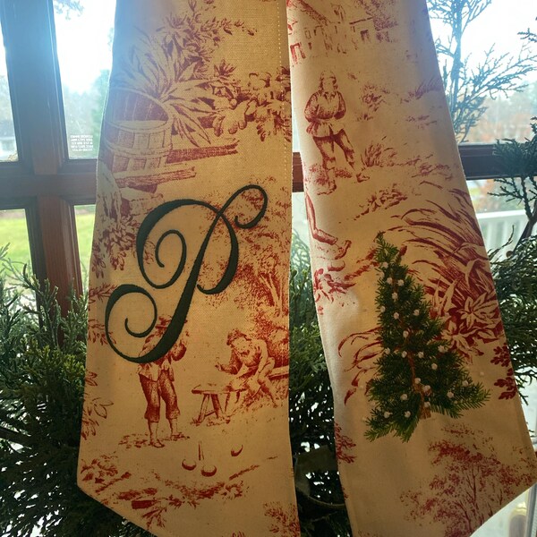 Cardinal Red Toile Holiday Wreath Sash for Front Door, Custom Monogram ...