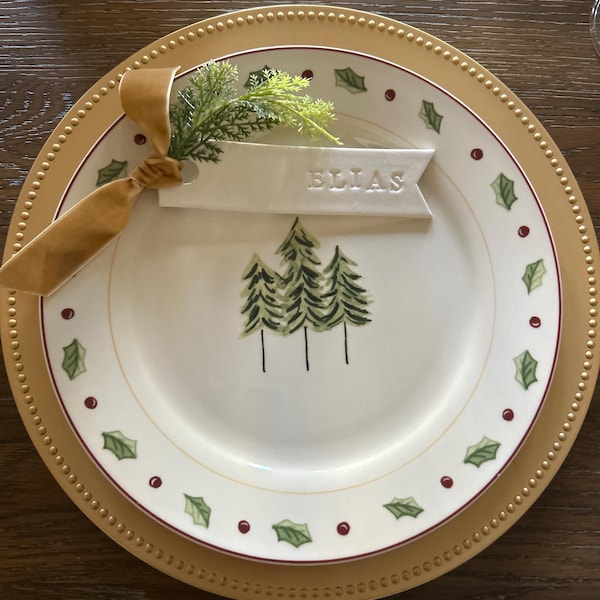 Personalized Clay Place Cards: Faux Greenery & Velvet Ribbon - Etsy