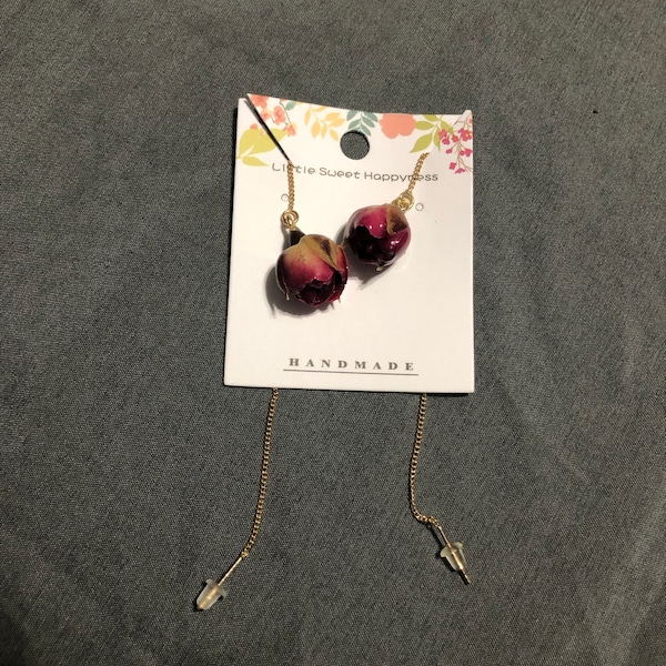 Real Pressed Rose Flowers Threader Earrings, Handmade Ear Threaders ...