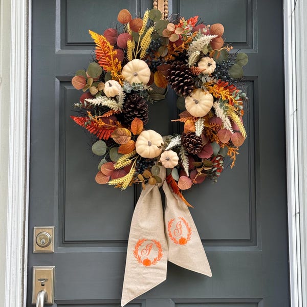 Fall Monogram Wreath Sash Fall Pumpkin Wreath Sash Custom Wreath Sash Wedding Gift for New ...