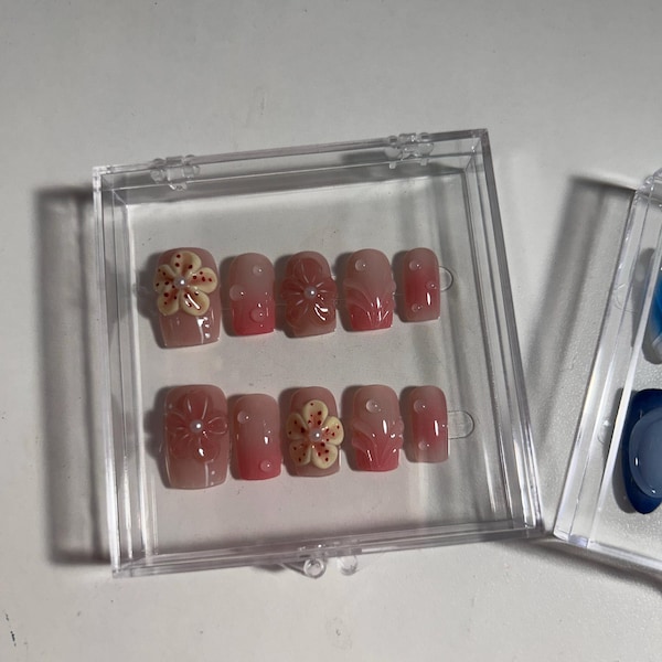 Blue and White Porcelain Nails/3d Floral Press on Nails Long Square ...