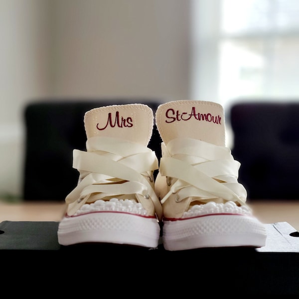 Pearl Toe Wedding Sneaker, Ribbon Laces, Bling, Bride Shoes, Wedding ...