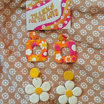 Retro Orange and White Print Slanted Rectangle Dangle Polymer Clay ...