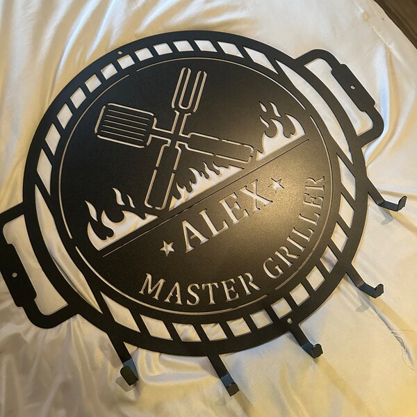 Grill Name Sign With Metal Hooks for Grilling Utensils, Master of the ...