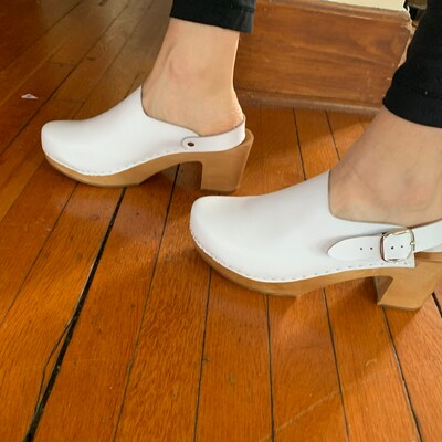 SALE 25% off White Leather Wooden Clogs With Clips, Handmade Swedish ...