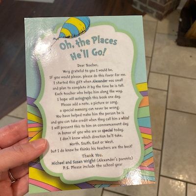 Oh the Places You'll Go Instruction Card for Teachers to Sign Book ...