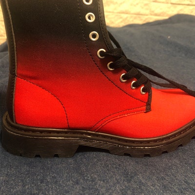 Red Black Ombre Women's Boots, Gradient Dip Tie Dye Vegan Canvas Lace ...